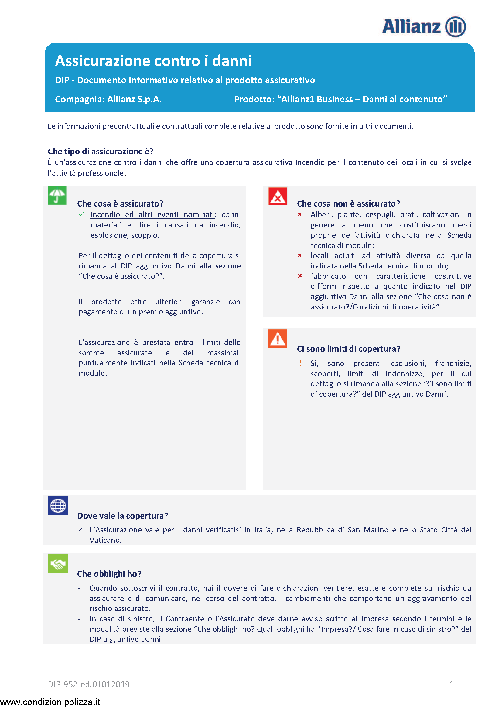 Allianz - Allianz1 Business Danni Al Contenuto - Modello dip-952 ...