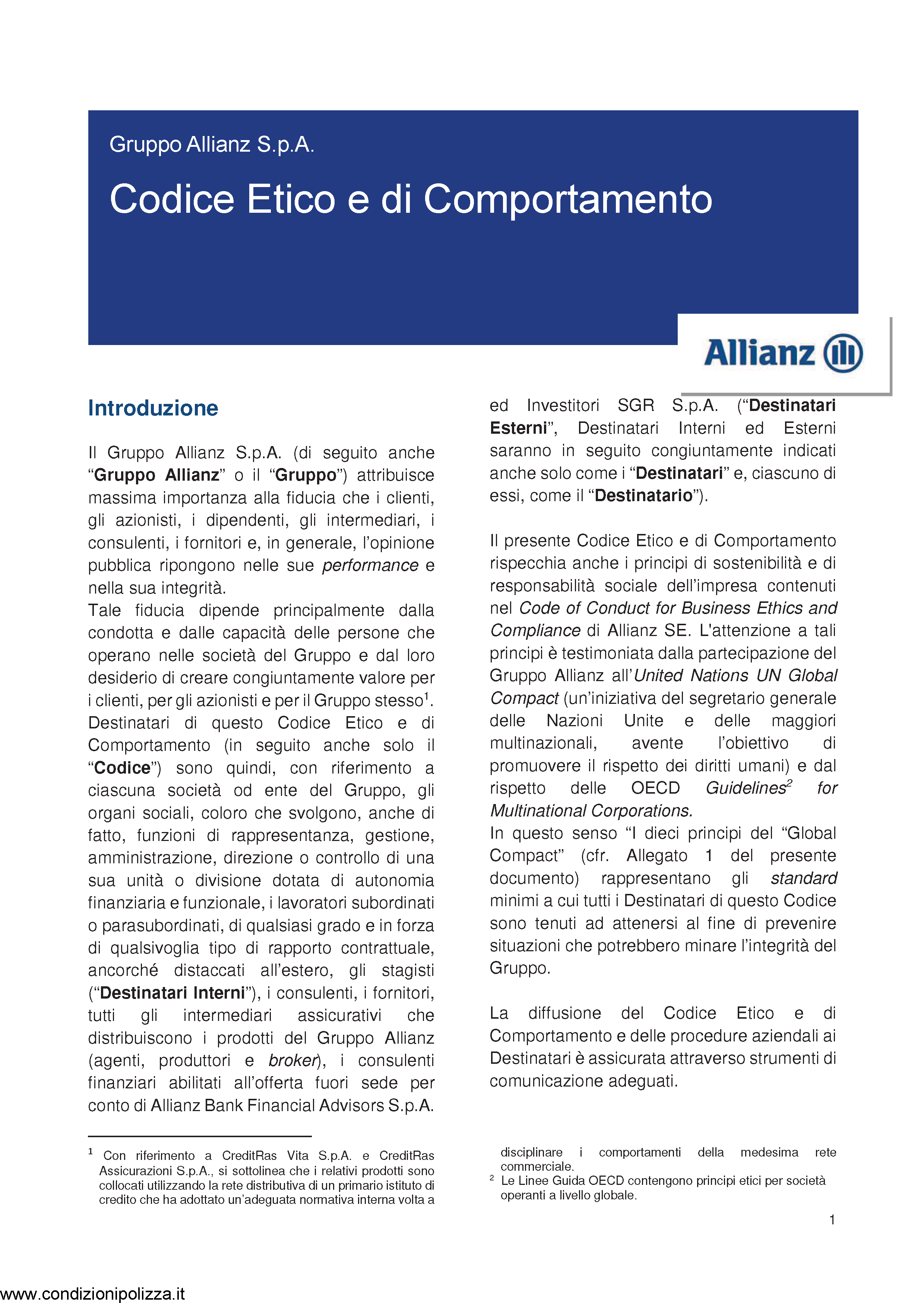 Allianz - Codice Etico E Di Comportamento - Modello nd Edizione nd [12P] - Condizioni Polizza