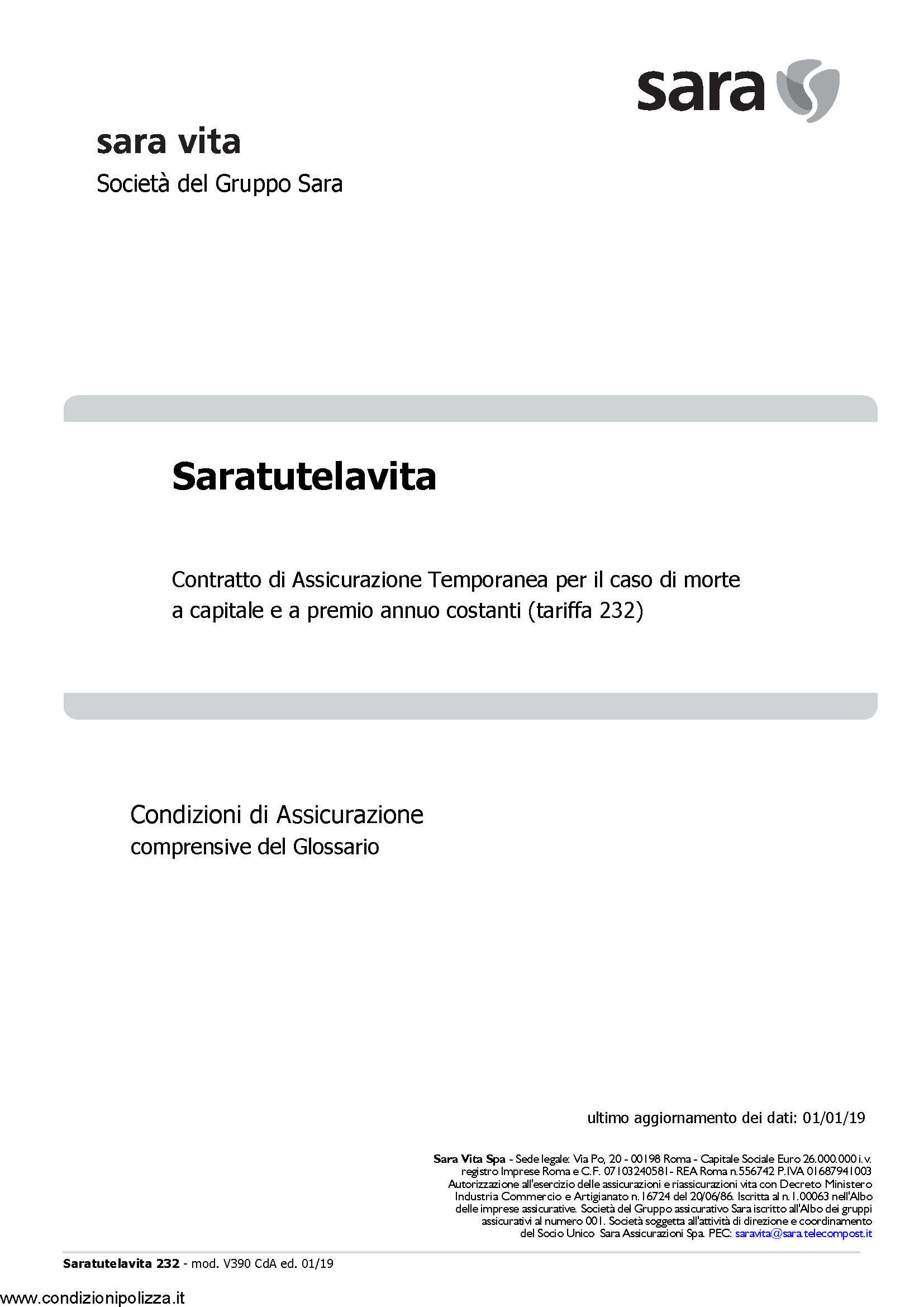 Sara - Sara Tutela Vita (Tariffa 232) - Modello v390-cda Edizione 01-01 ...